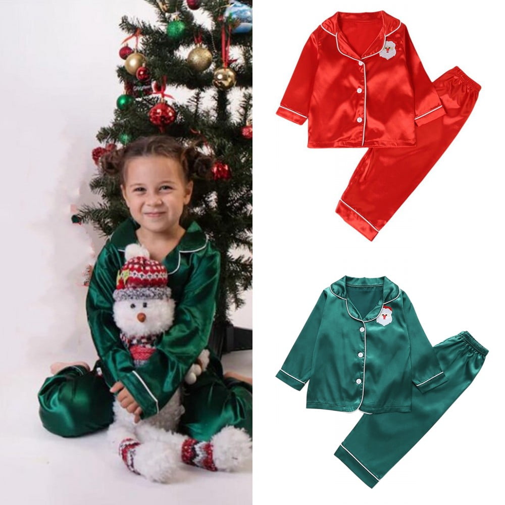 2-10Y Toddler Boys Girls Satin Silk Long Sleeve Pajamas Set Christmas Kids Button Down Pjs ...