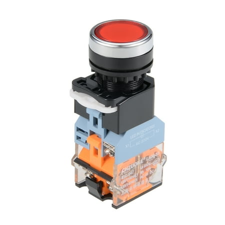 22mm Momentary Push Button Switch With Red LED Light Round Button DPST 1NO 1NC Light 220V ...