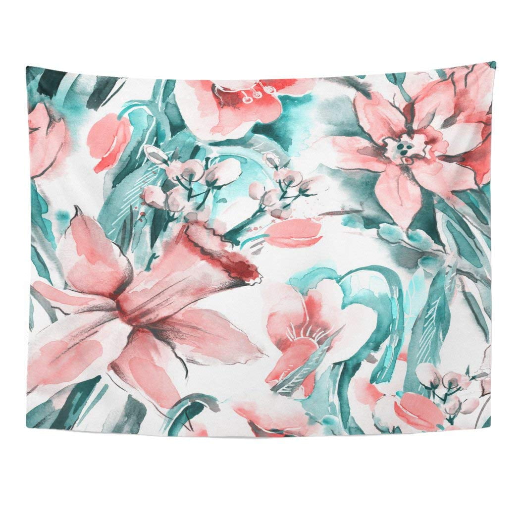 ZEALGNED Pink Water Spring Flowers Watercolor Teal Color Pattern White ...