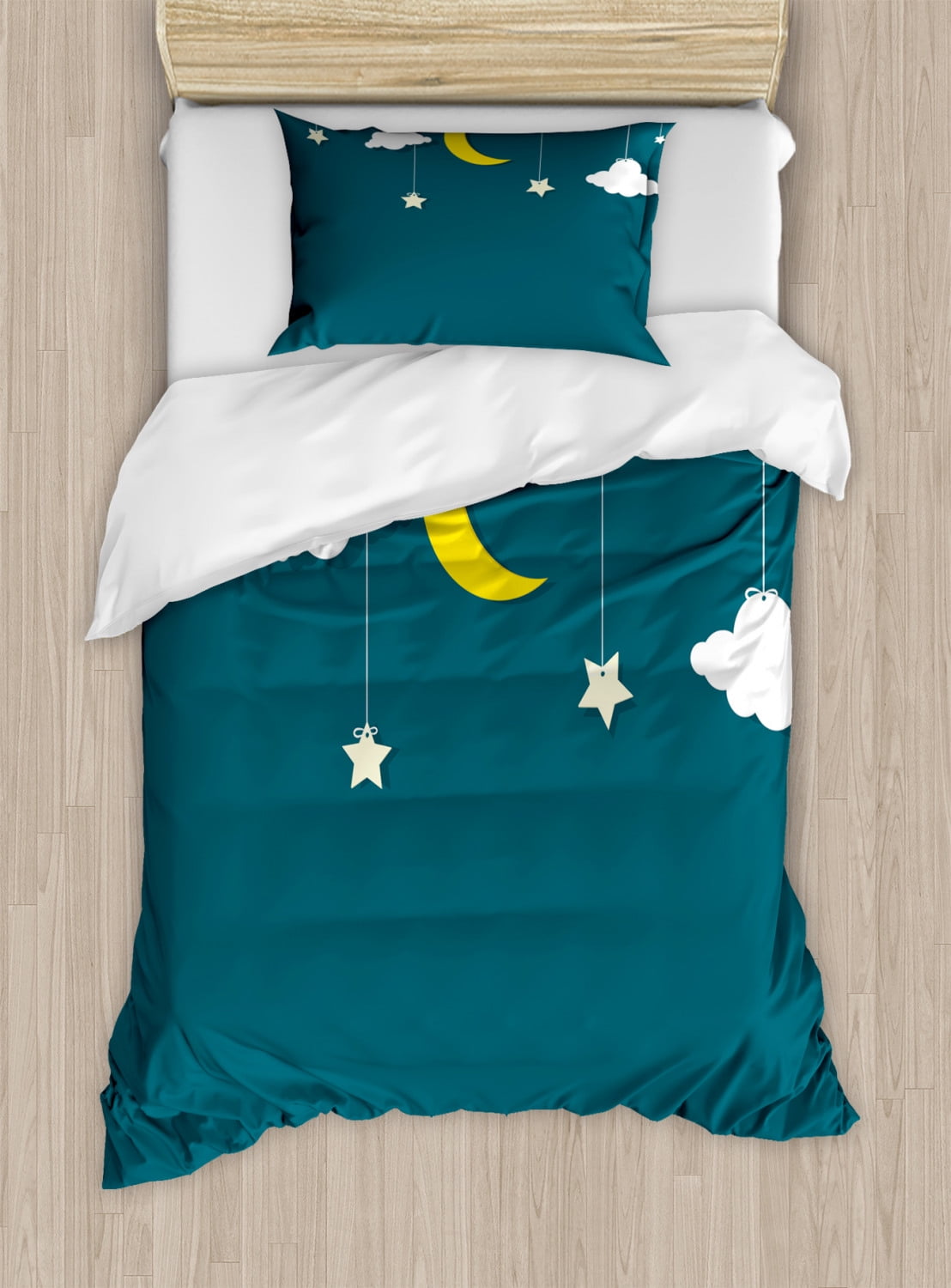 Cloud Duvet Cover Set Twin Size, Night Sky Illustration with Crescent ...