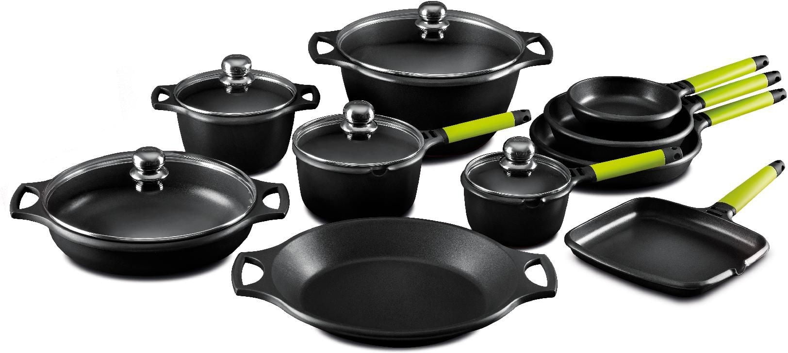 Fundix 15 Piece Black Cast Aluminium Cookware Set with Kiwi Removable ...