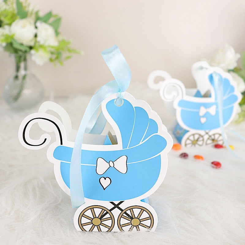 BalsaCircle 25 Blue Paper Stroller Favor Boxes Ribbon Baby Shower Candy ...