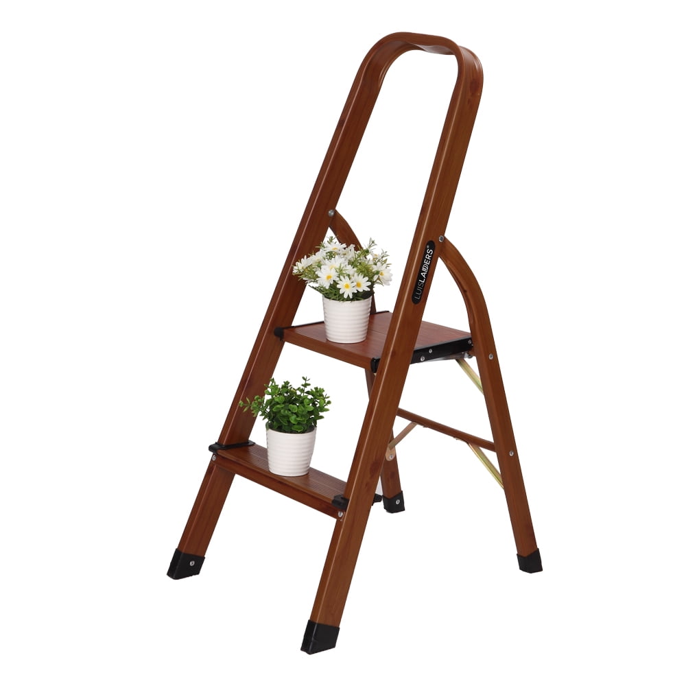 LUISLADDERS 2 Step Ladder Woodgrain Aluminum Folding Step Stool Sturdy ...