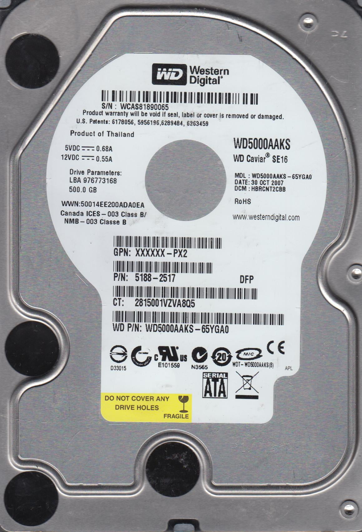 WD5000AAKS-65YGA0, DCM HBRCNT2CBB, Western Digital 500GB SATA 3.5 Hard ...