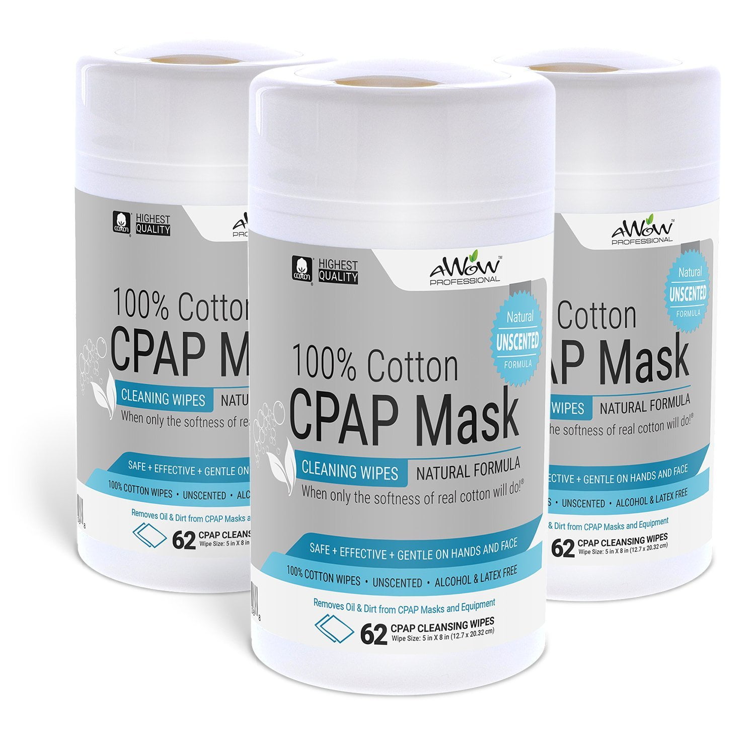 AWOW Professional CPAP Mask Cleaning Wipes, Unscented, 100% Cotton, 62 ...