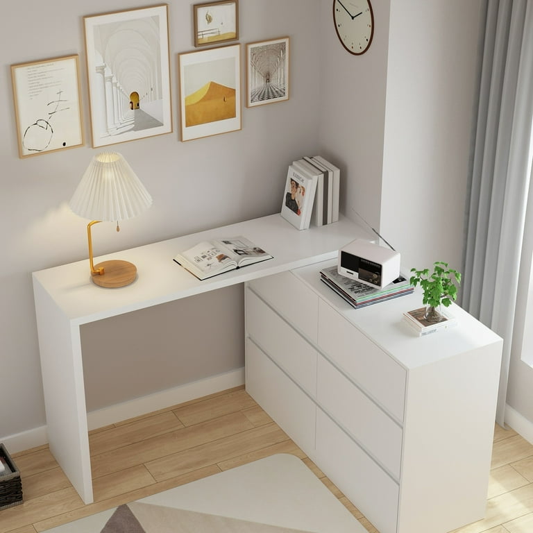 FUFU GAGA 32.7 H Bedroom Storage Combo Small Dressing Table Rotating 6 Drawer Dresser and Desk Makeup Vanity in White Walmart