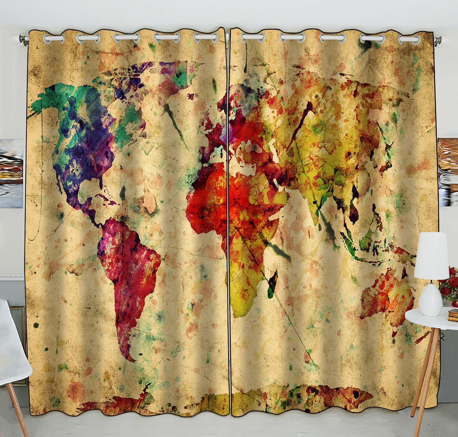 GCKG World Map Window Curtain,Colorful Retro World Map Grommet Blackout ...