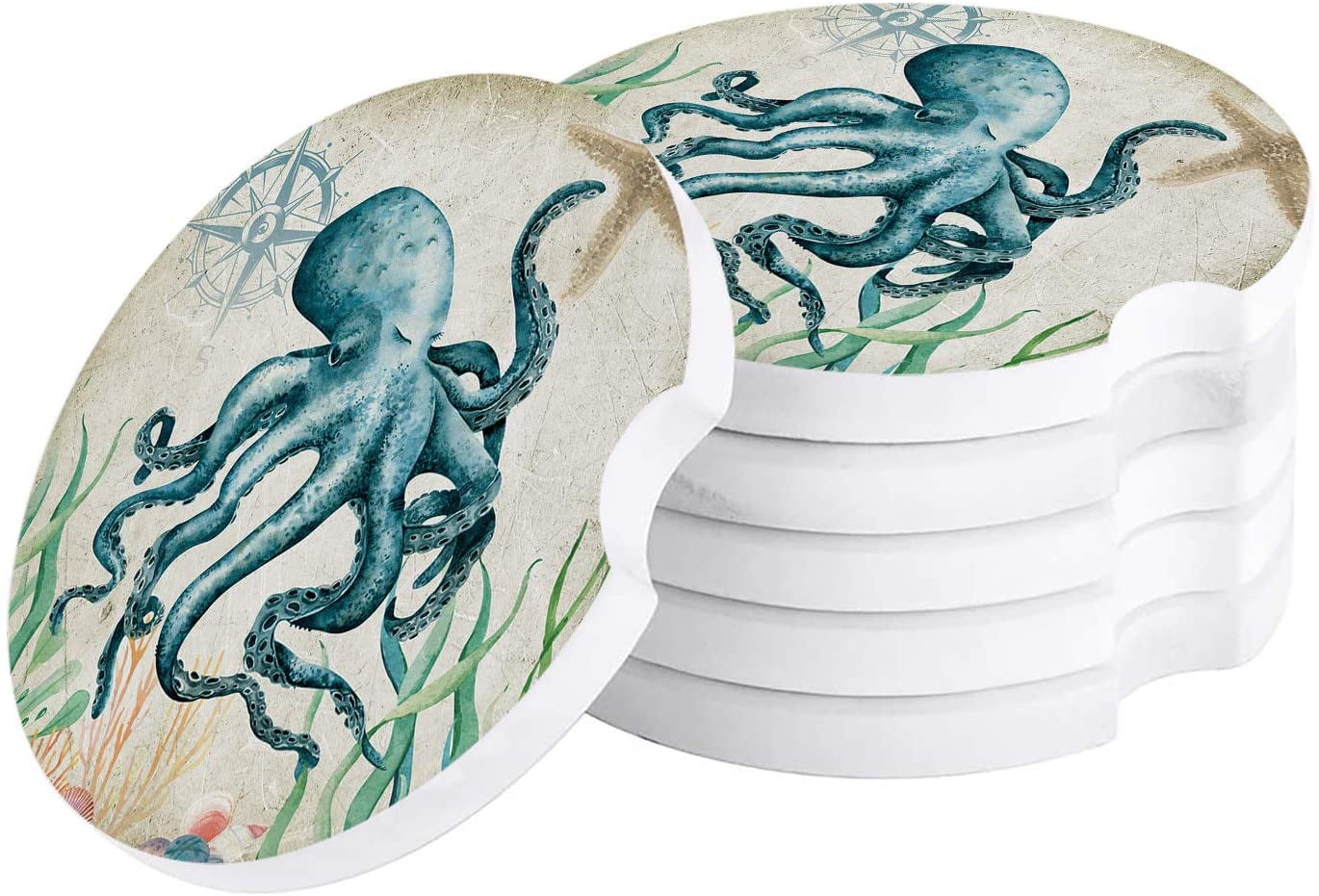 FMSHPON Ocean Theme Octopus Vintage Set of 2 Car Coaster for Drinks ...