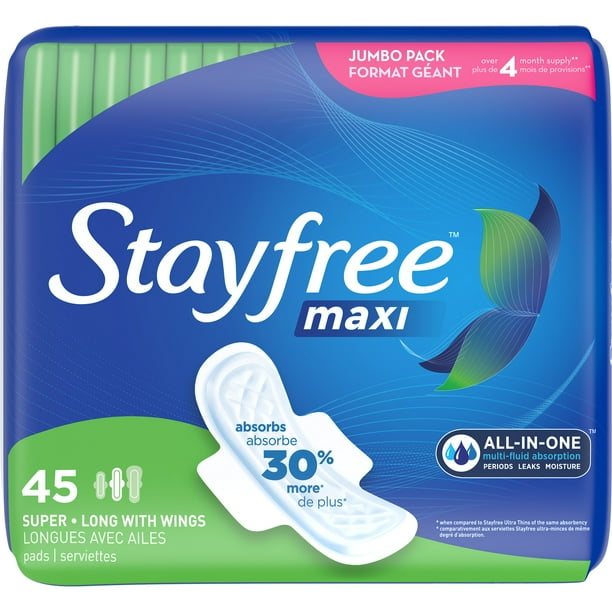 Stayfree Maxi Long Pads with Wings, Unscented, Super, 45 Ct - Walmart.com