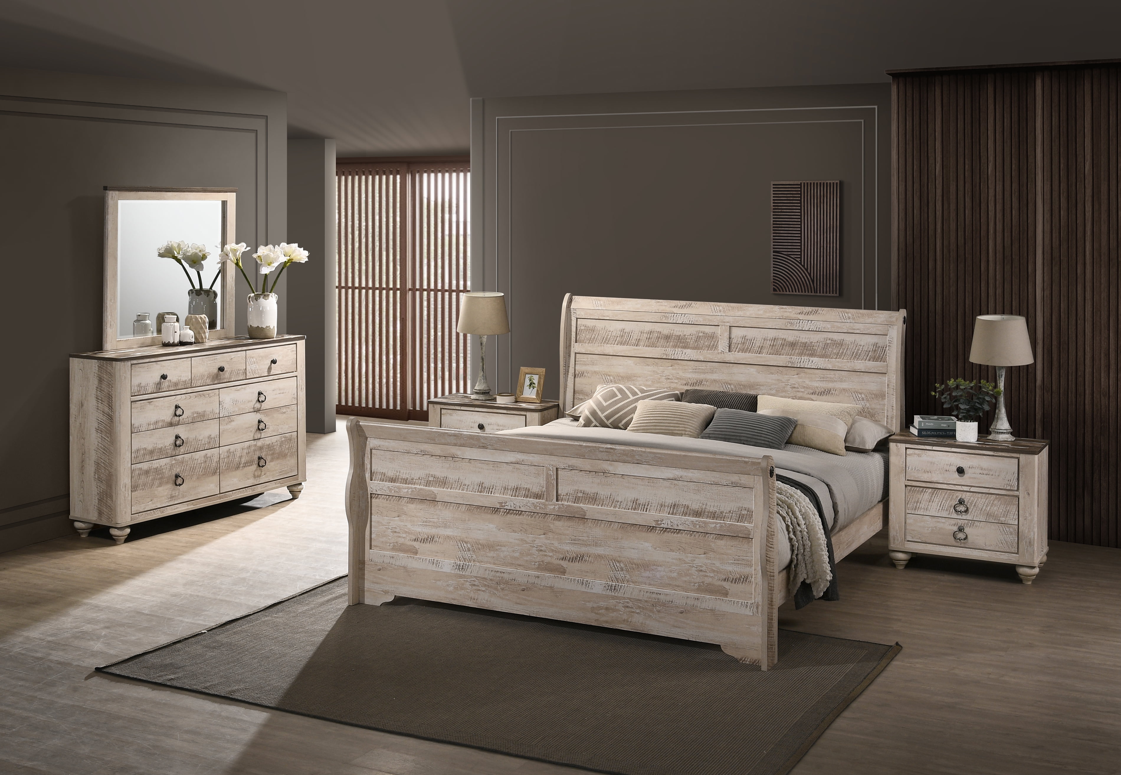 Imerland Contemporary White Wash Finish Bedroom Set with Queen Sleigh ...