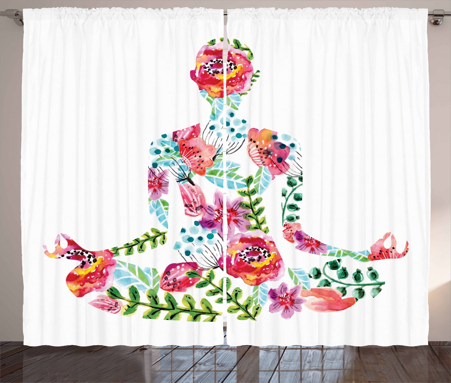 Yoga Curtains 2 Panels Set, Silhouette in Lotus Pose with Blooming ...