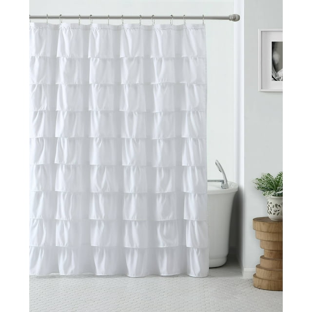 Shabby Ruffled Fabric Shower Curtain - White - Walmart.com