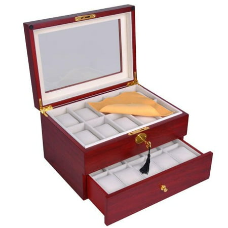 Rosewood Red Matte Stain Wooden Glass Flip Top 20 Watch Double Decks ...