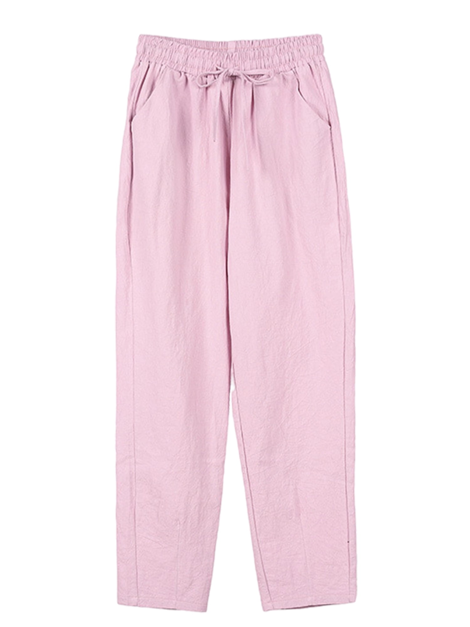 Haite Ladies Solid Color Pockets Pants Loose Casual Elastic Waist