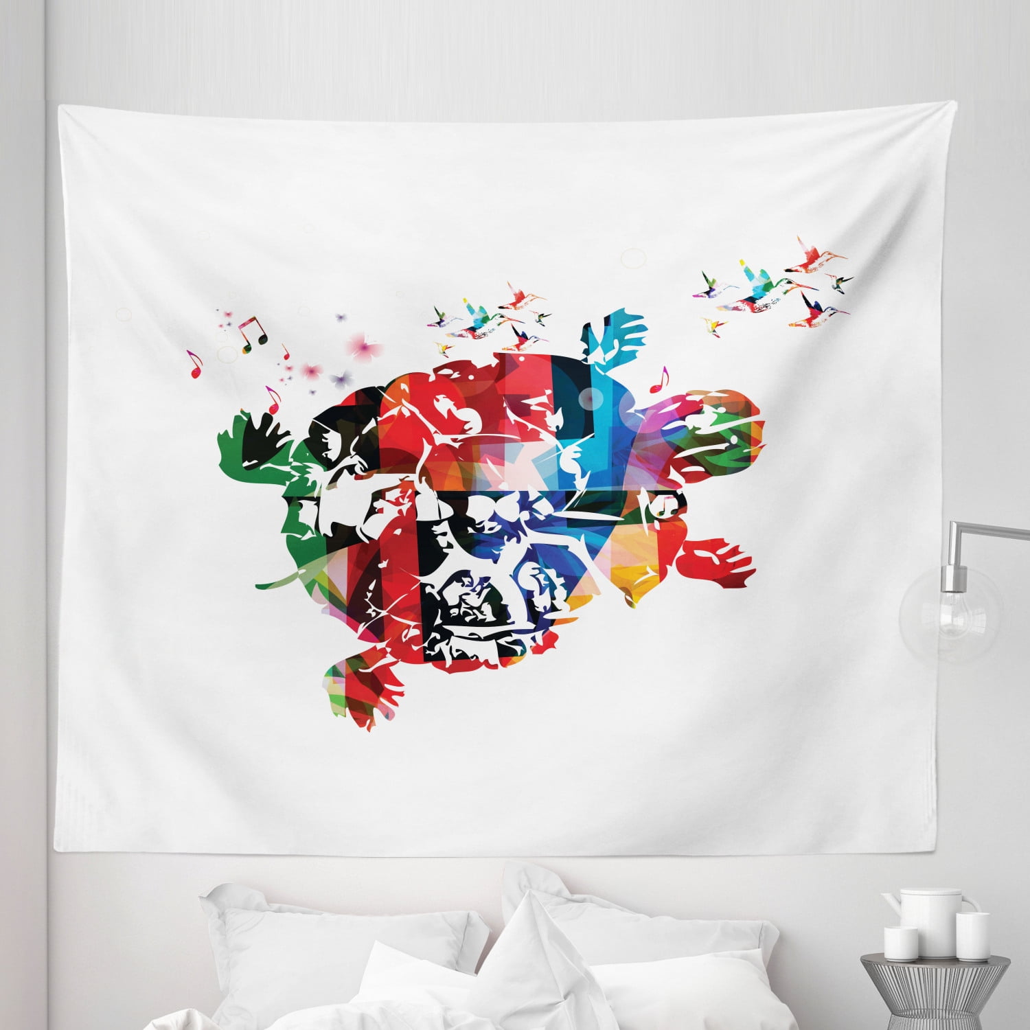 Colorful Tapestry, Abstract Turtle with Hummingbirds and Musical Notes ...