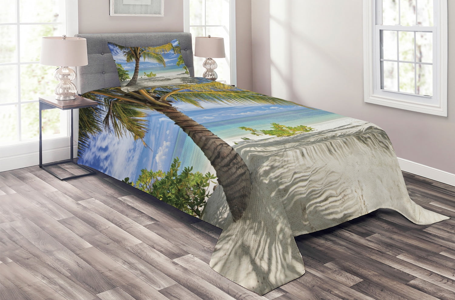 Ambesonne Tropical Quilted Coverlet 2 Pcs, Palm Trees Coastline, Twin ...
