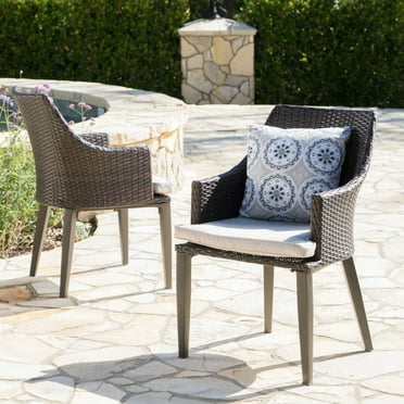 Outdoor Brown Wicker Dining Chairs with White Water Resistant Cushions ...