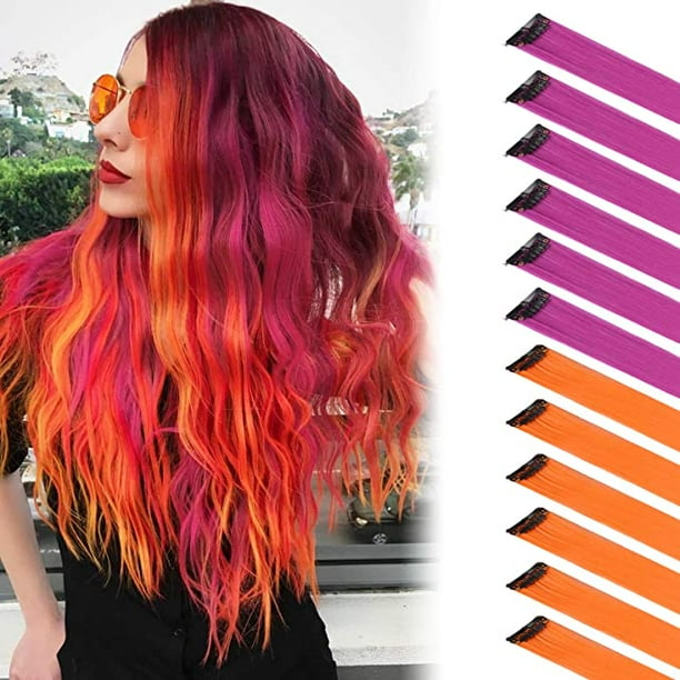 Colored Hair Extension, 12 PCS Rose Pink, Orange Hairpiece for Girls ...