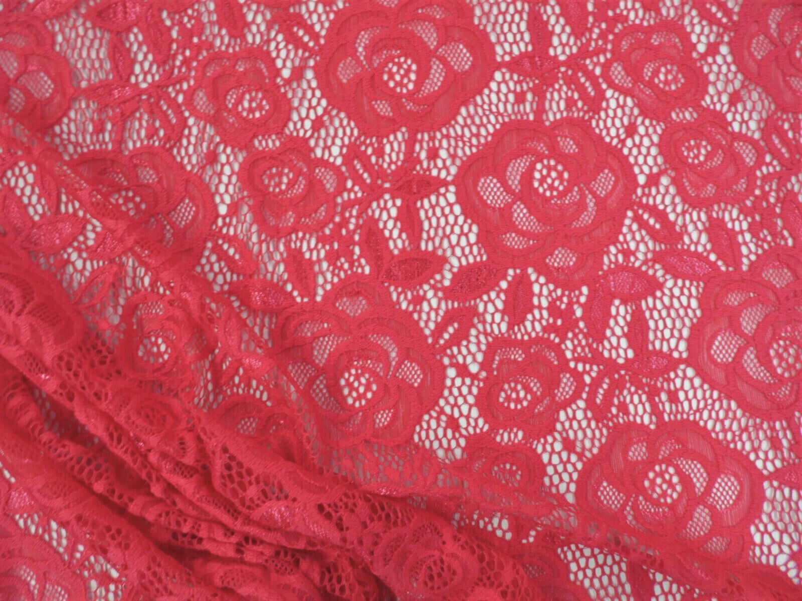 Embroidered Stretch Lace Apparel Fabric Sheer Metallic Rose Floral Red ...