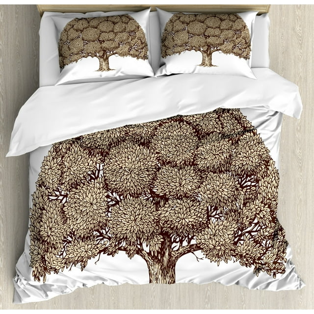 Tree Queen Size Duvet Cover Set, Monochrome Oak Tree Design with Fresh ...