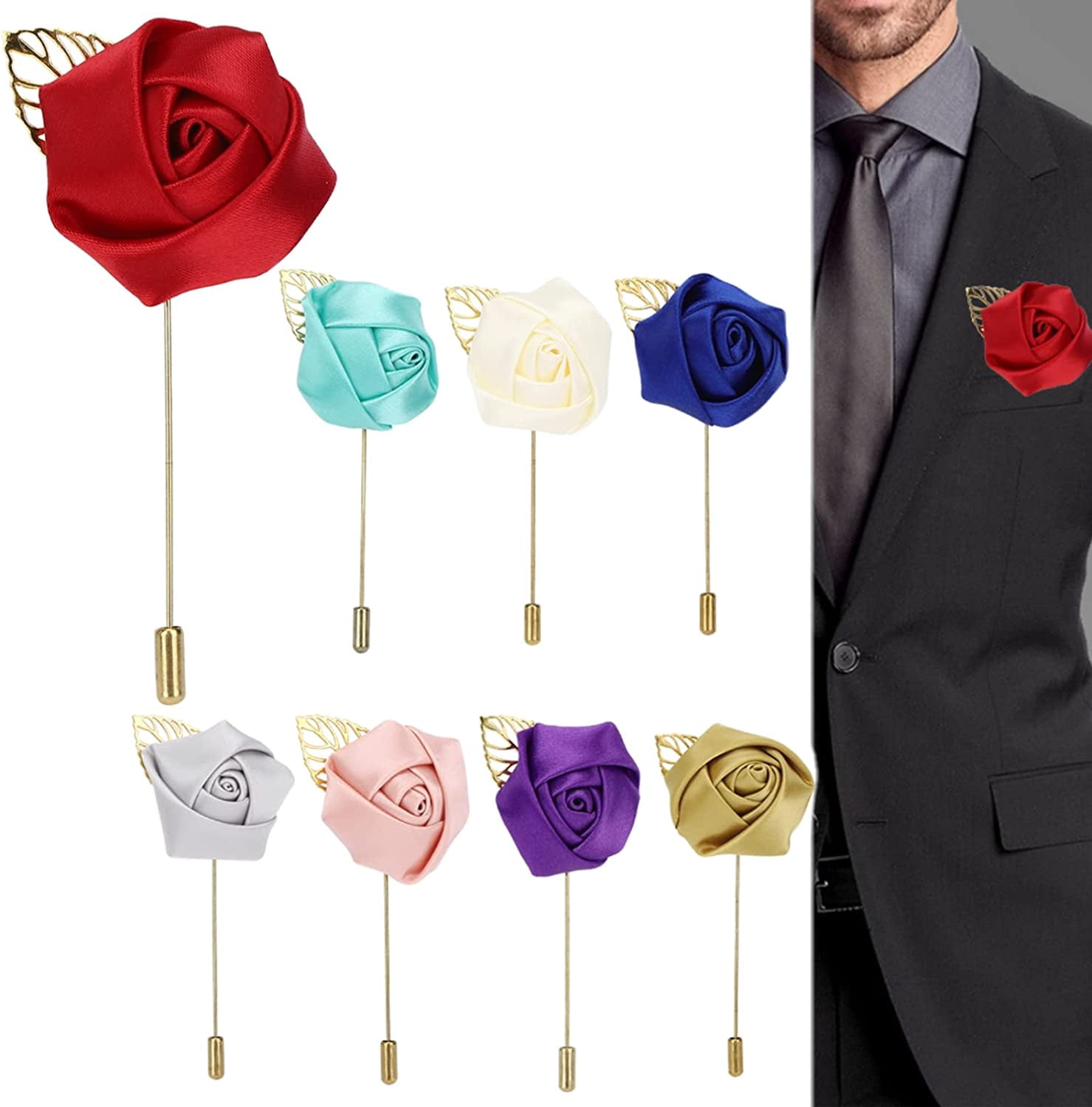8pcs Men's Lapel Pin, Handmade Satin Flower Lapel Pin Badge Wedding ...