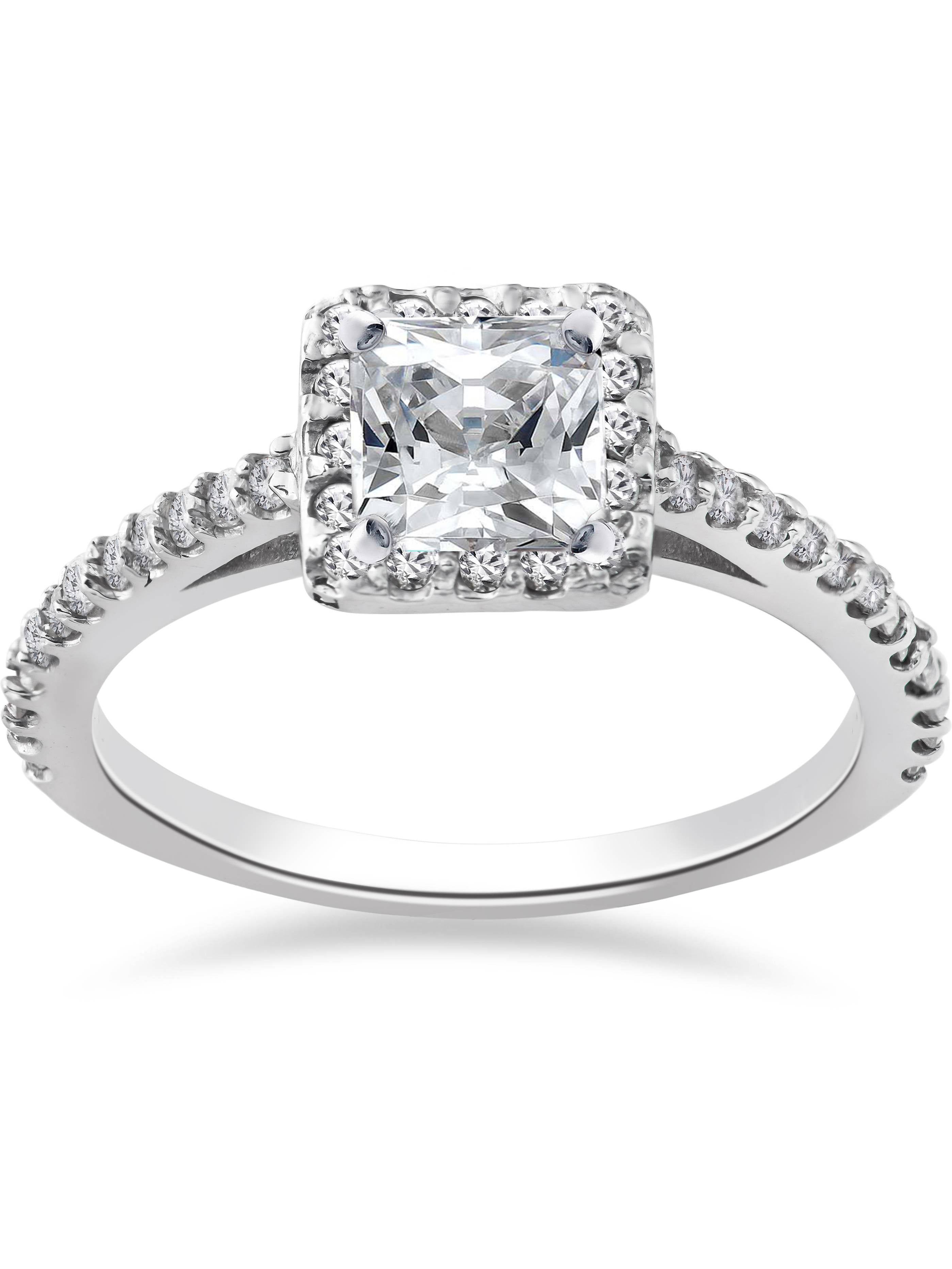 1ct Princess Cut Pave Halo Diamond Engagement Ring 14k White Gold