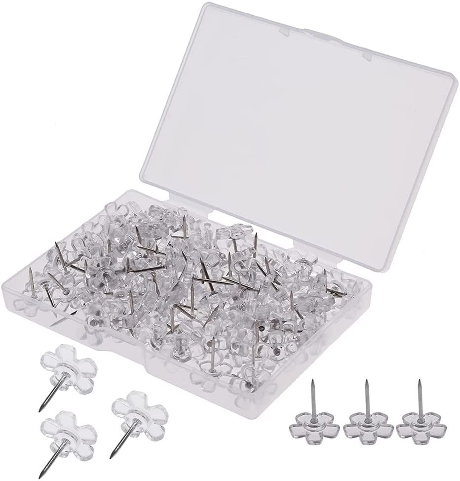 100pcs Clear Push Pins Plastic Thumb Tacks Flat Flower Pins Head Push ...