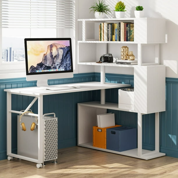 L-Shaped Rotating Computer Desk with 5 Shelves Bookshelf White ...