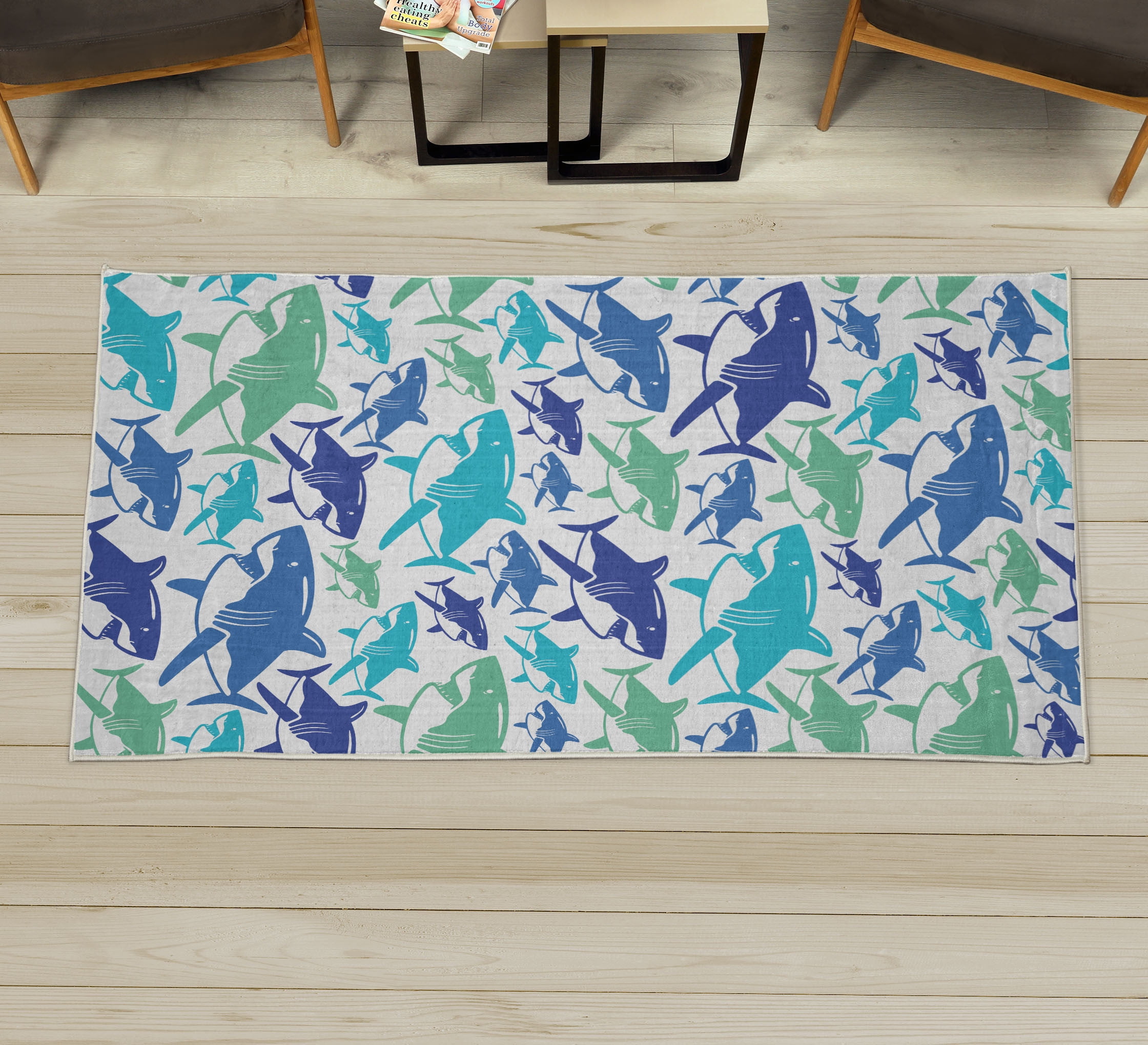 Shark Decorative Rug, Colorful Underwater Fish Pattern Masters Survival ...