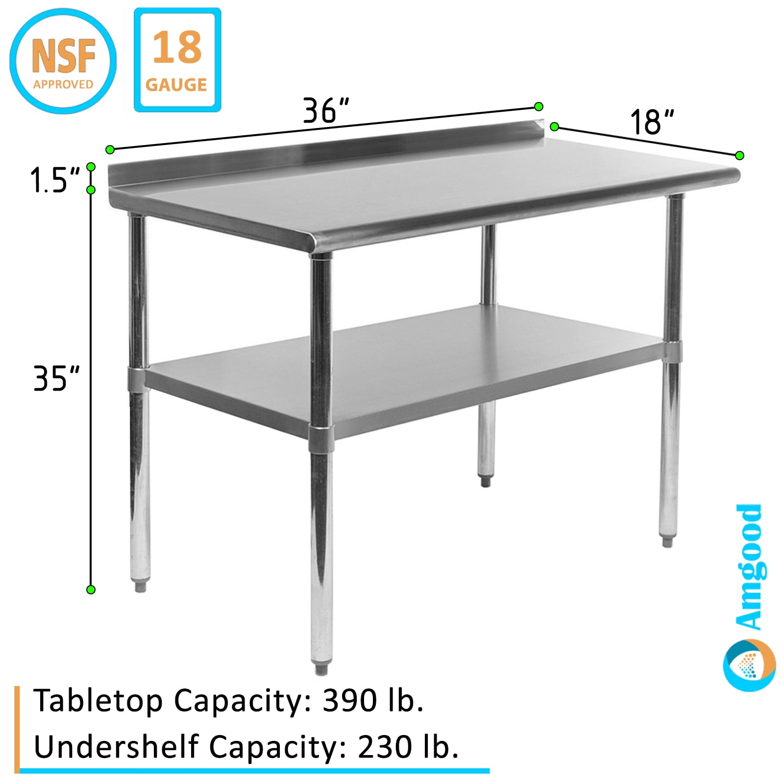 AmGood 36" Long x 18" Deep Stainless Steel Work Table with 1.5 ...