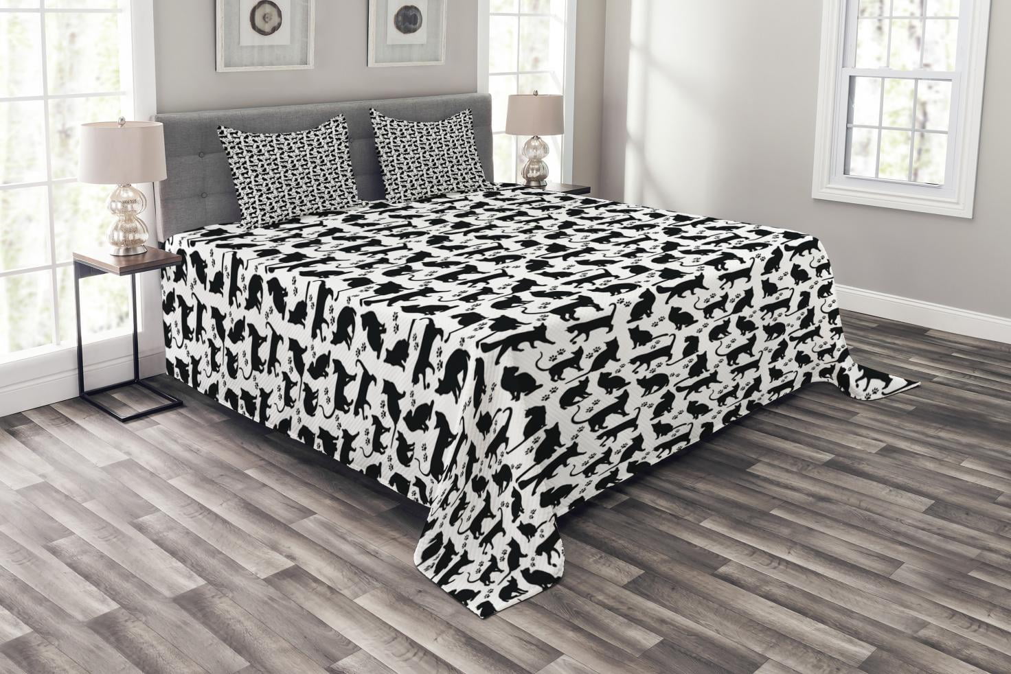 Cat Bedspread Set King Size, Black Silhouettes in Different Positions ...