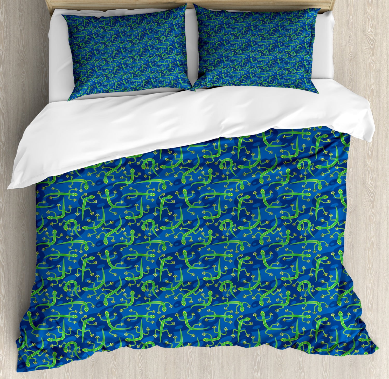 Gecko Duvet Cover Set Queen Size, Doodle Style Lizard Pattern with Blue ...