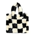 No Boundaries Women's Checkered Sherpa Tote Bag Black White Faux Fur ...