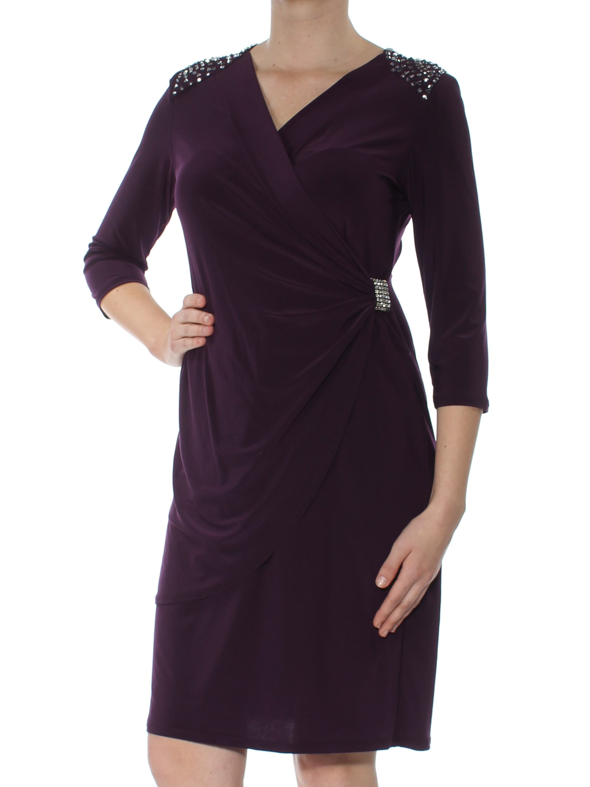 Randm Richards Womens Purple Embellished 3 4 Sleeve V Neck Knee Length