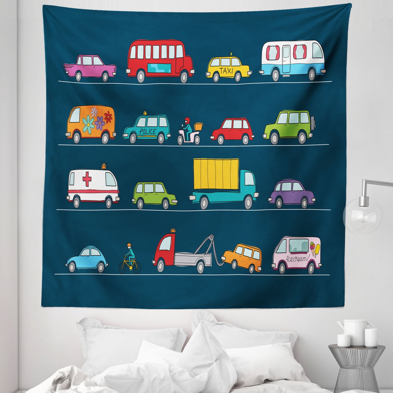 Cars Tapestry, Hand Drawn Various Types Vehicles Trucks Hippie Van ...