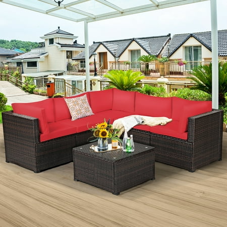 Costway 6PCS Patio Rotin Ensemble de Meubles Sectionnel Coussiné Canapé ...