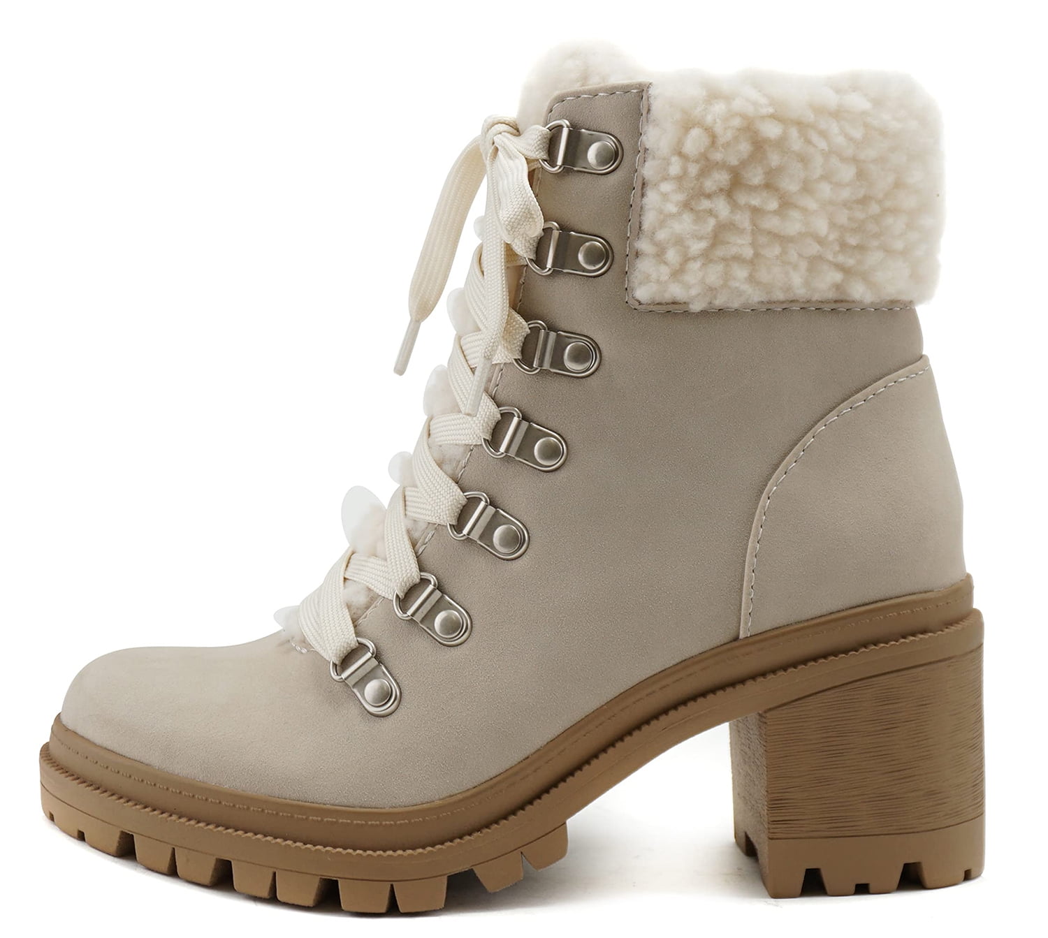 Soda Women Chunky Thick Heels Lug Sole Faux Fur Ankle Combat Boots Lace ...