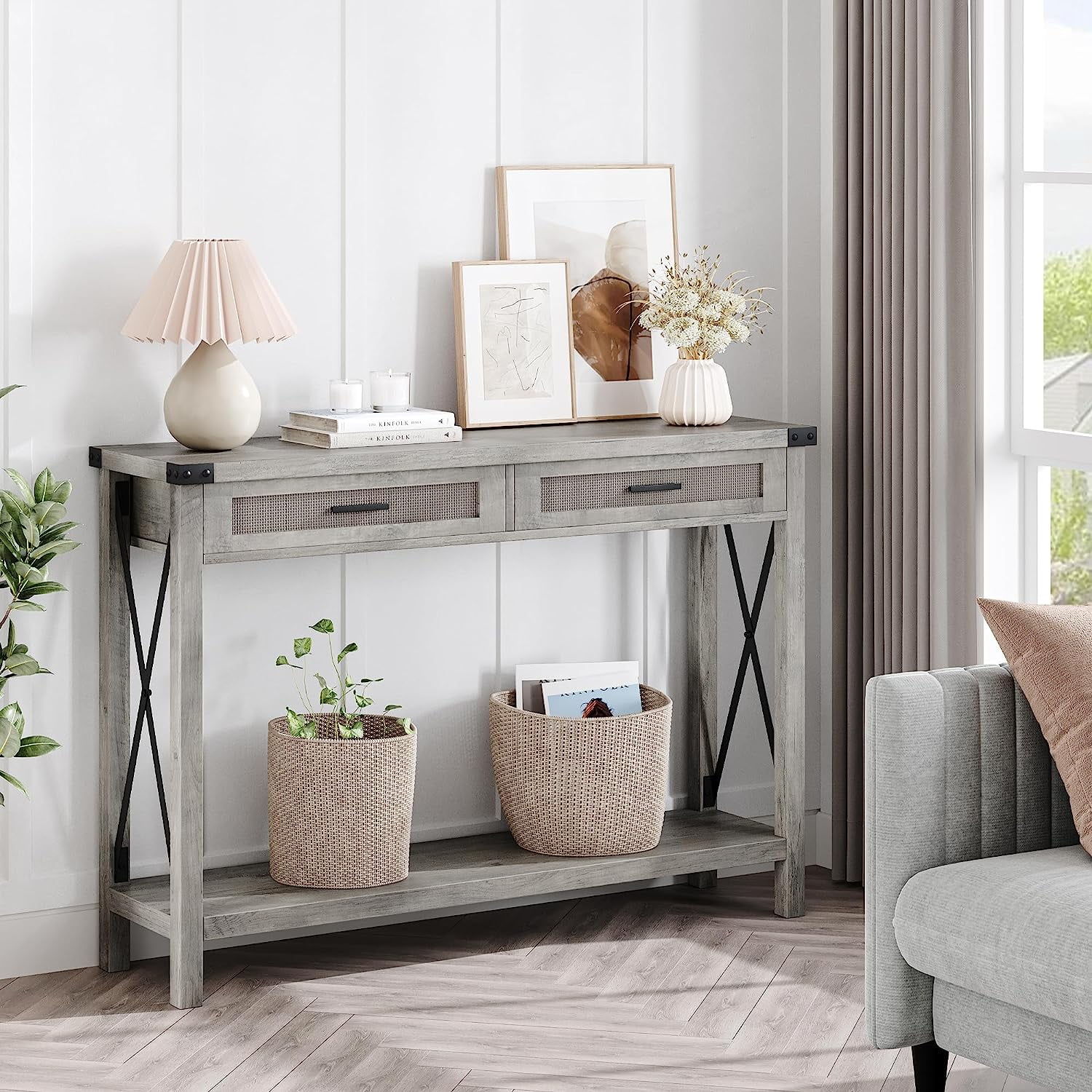 SHMAMT Entryway Table, Console Table with Rattan Drawers, 43" Sofa ...
