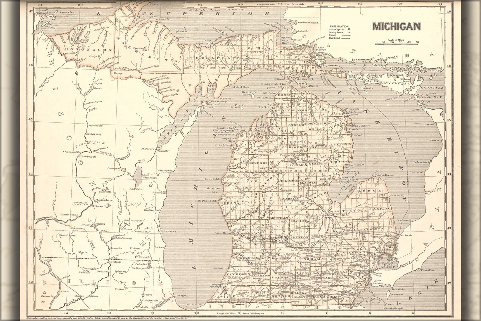 24"x36" Gallery Poster, map of Michigan 1842 - Walmart.com