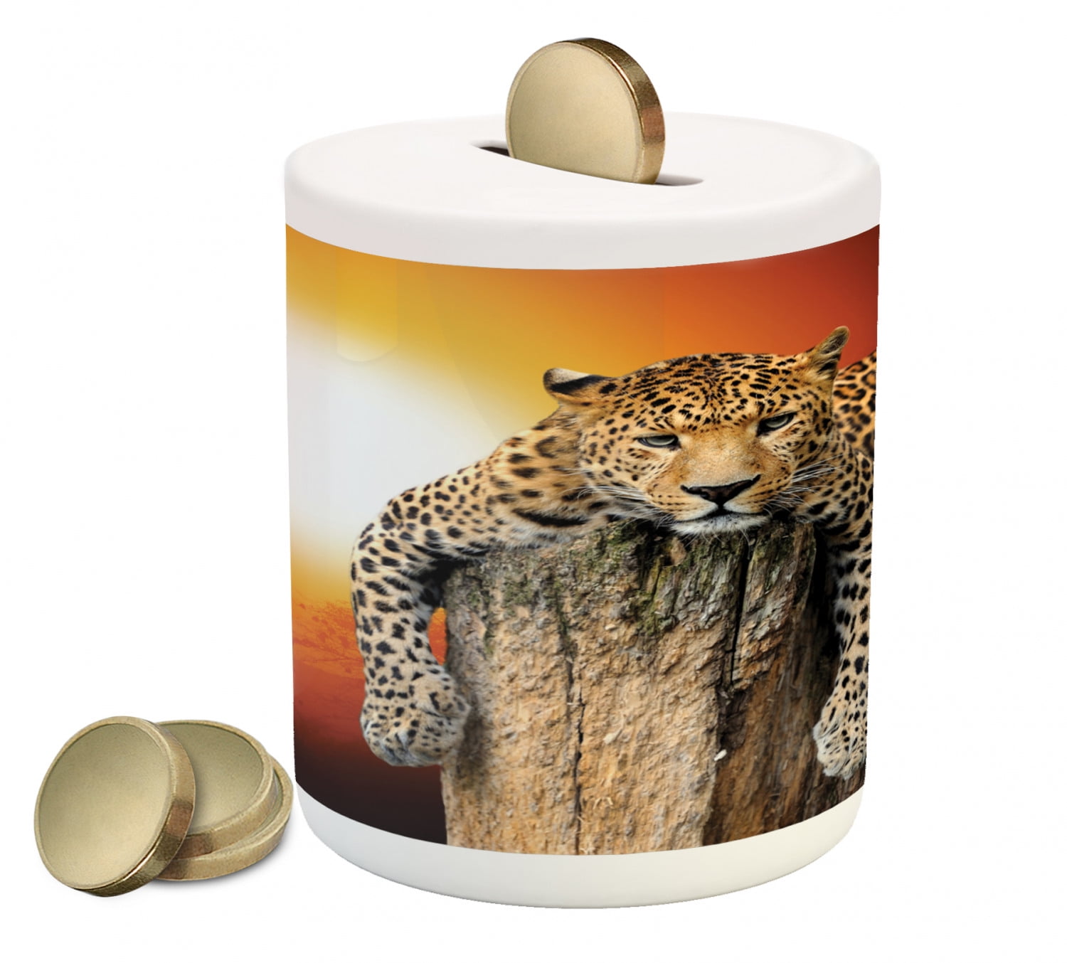 Safari Piggy Bank, Leopard Sitting on Dry Tree at Sunset Danger in the ...