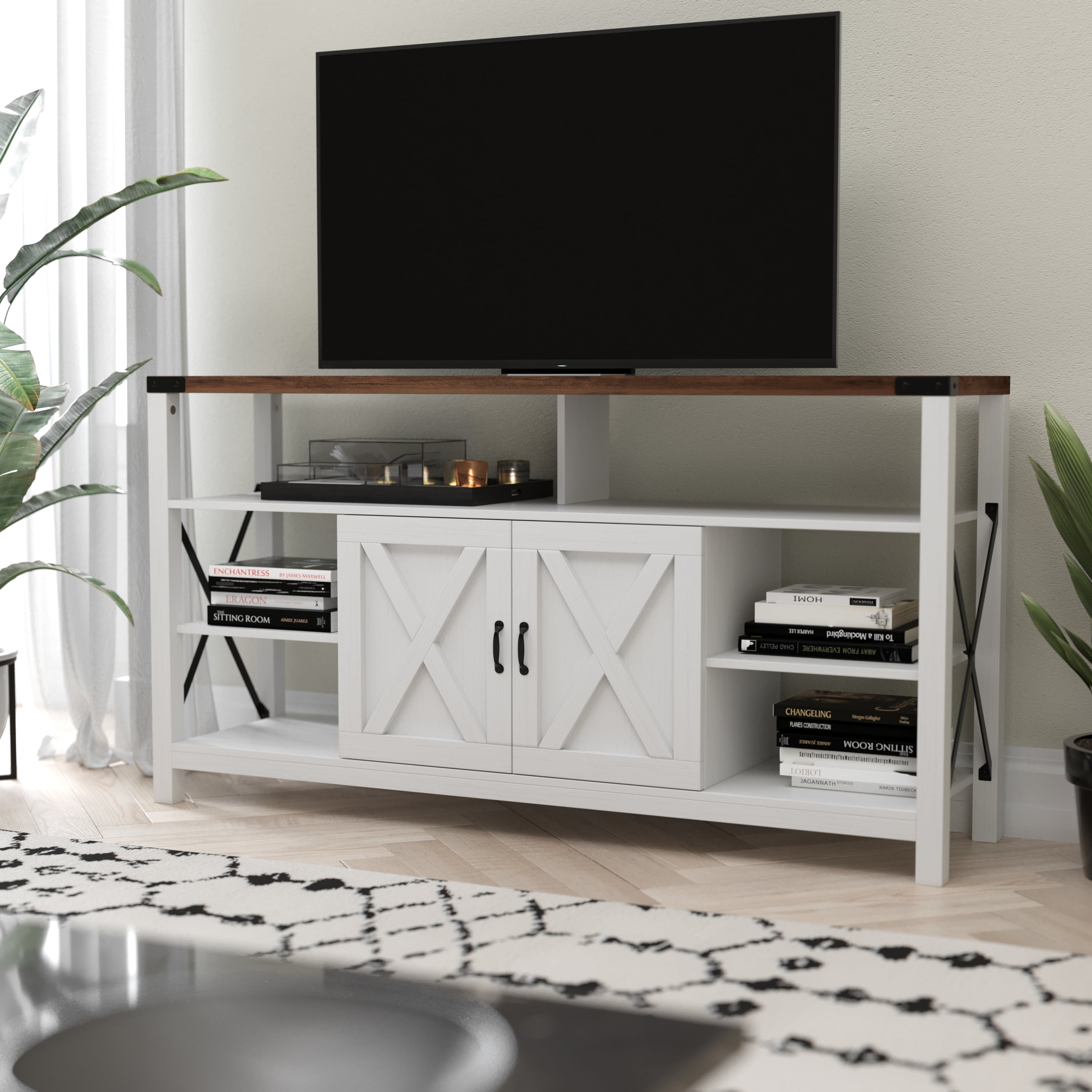 BizChair 60" Modern Farmhouse Tall TV Stand with Storage Cabinets and ...
