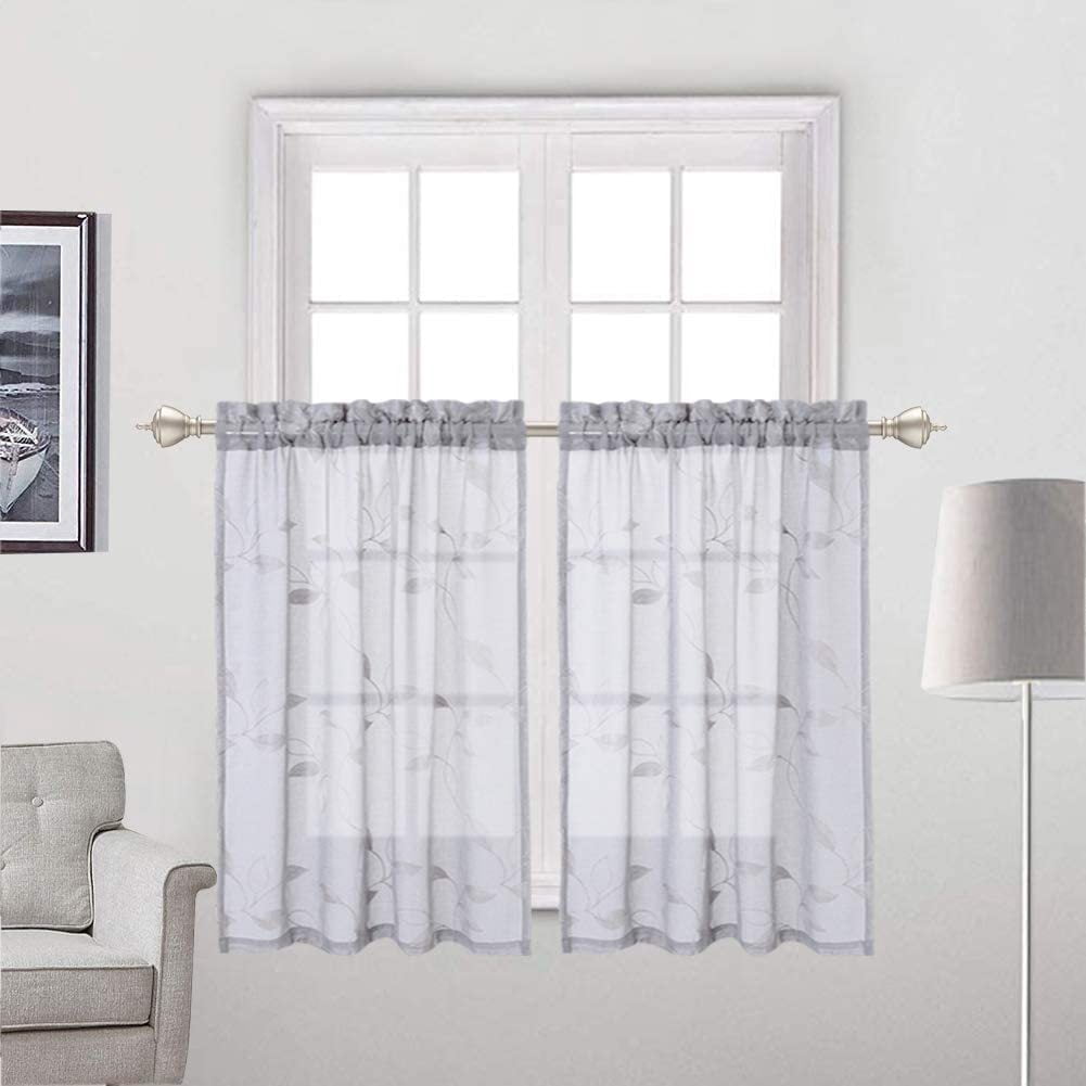 Haperlare 2 Panels 26"W x 24"L Sheer Kitchen Curtains Leaves Embroidery ...