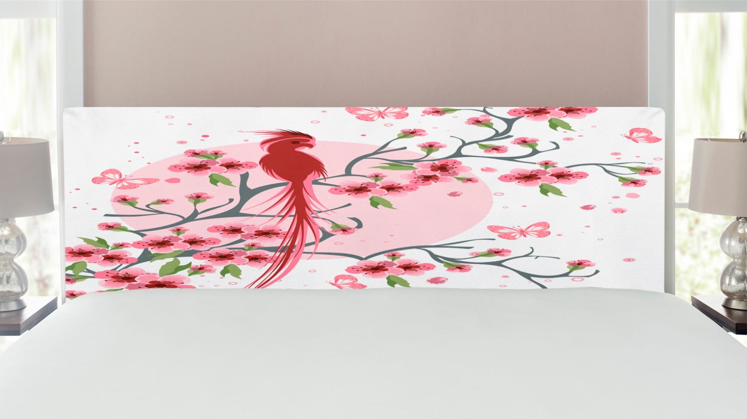 Japanese Headboard, Mythical Long Lived Phoenix Bird on Floral Sakura ...