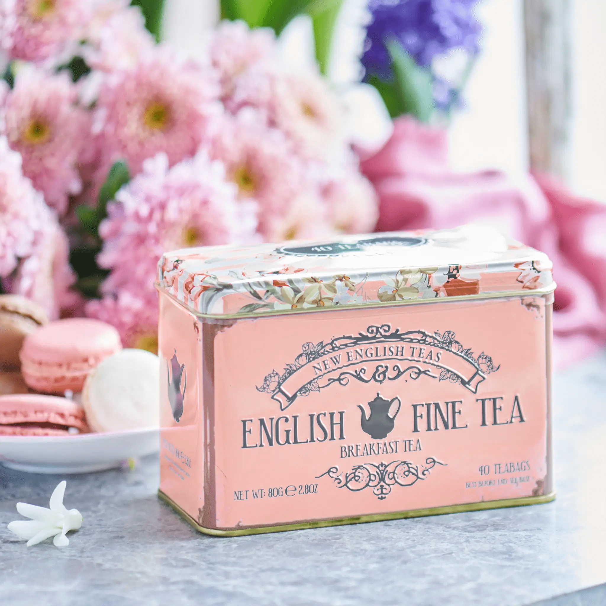 New English Teas Vintage Floral Tea Tin with 40 English Breakfast ...