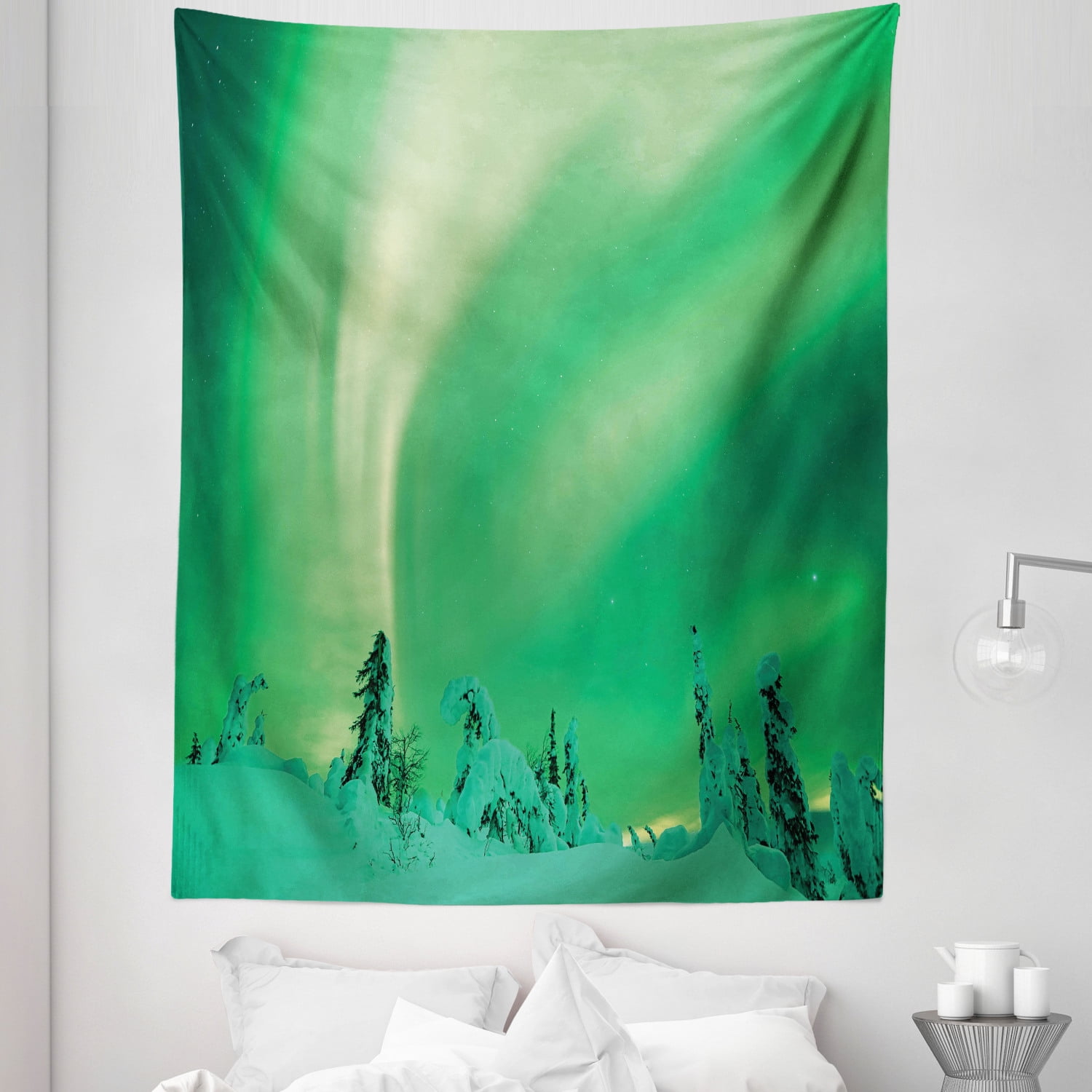 Aurora Borealis Tapestry, Poles Sky Display over Icy Snowy Pine Trees Wanderlust Iceland ...