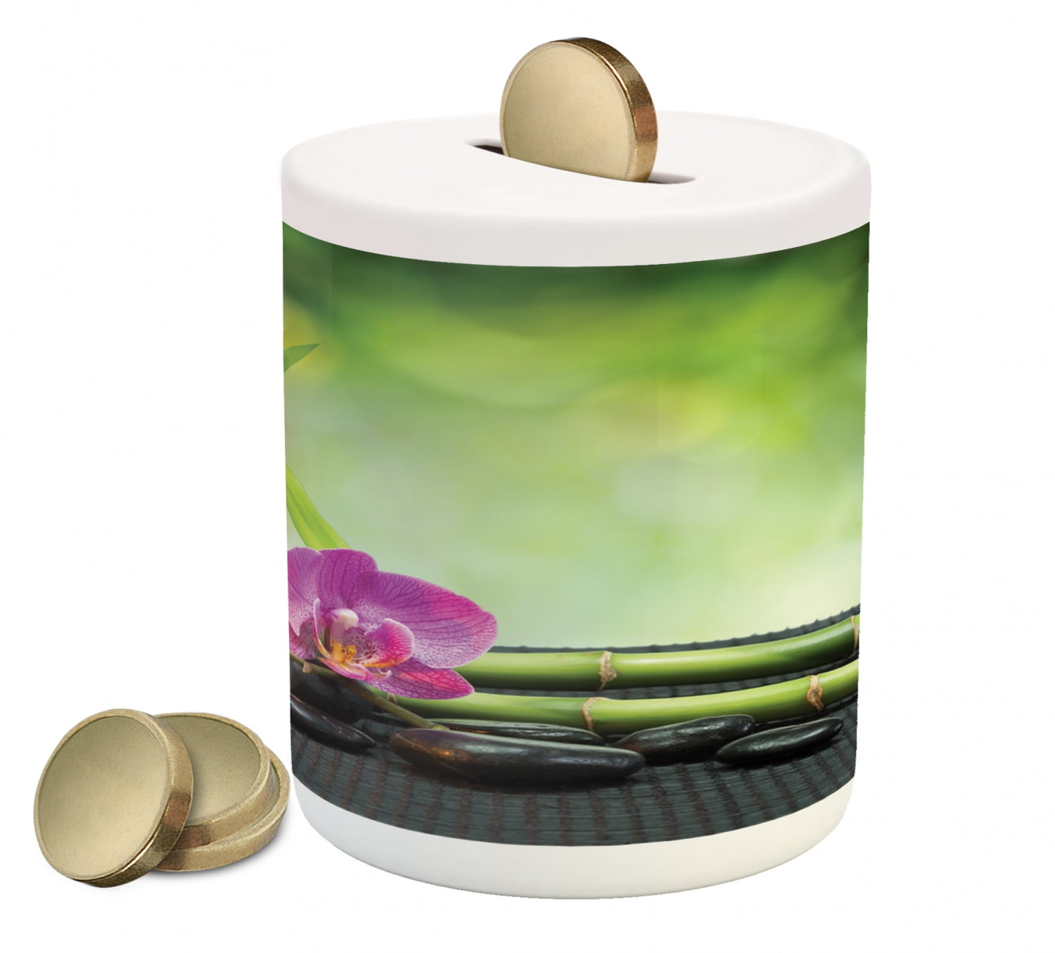 Spa Piggy Bank, Orchid Bamboo Stems Stones Japanese Alternative Feng ...