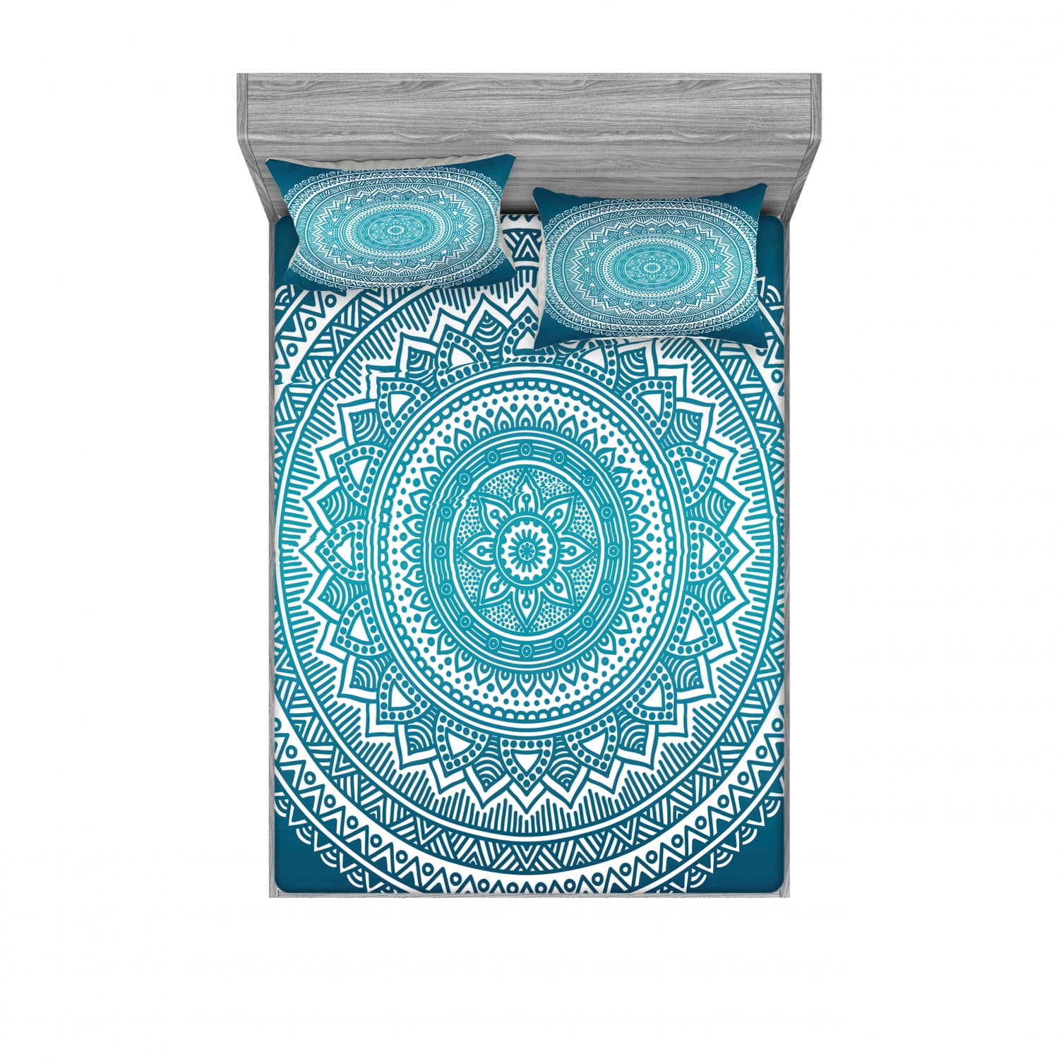 Turquoise Ombre Bedding Set With Sheet And Covers Mandala Medallion Starry Design With Flower In