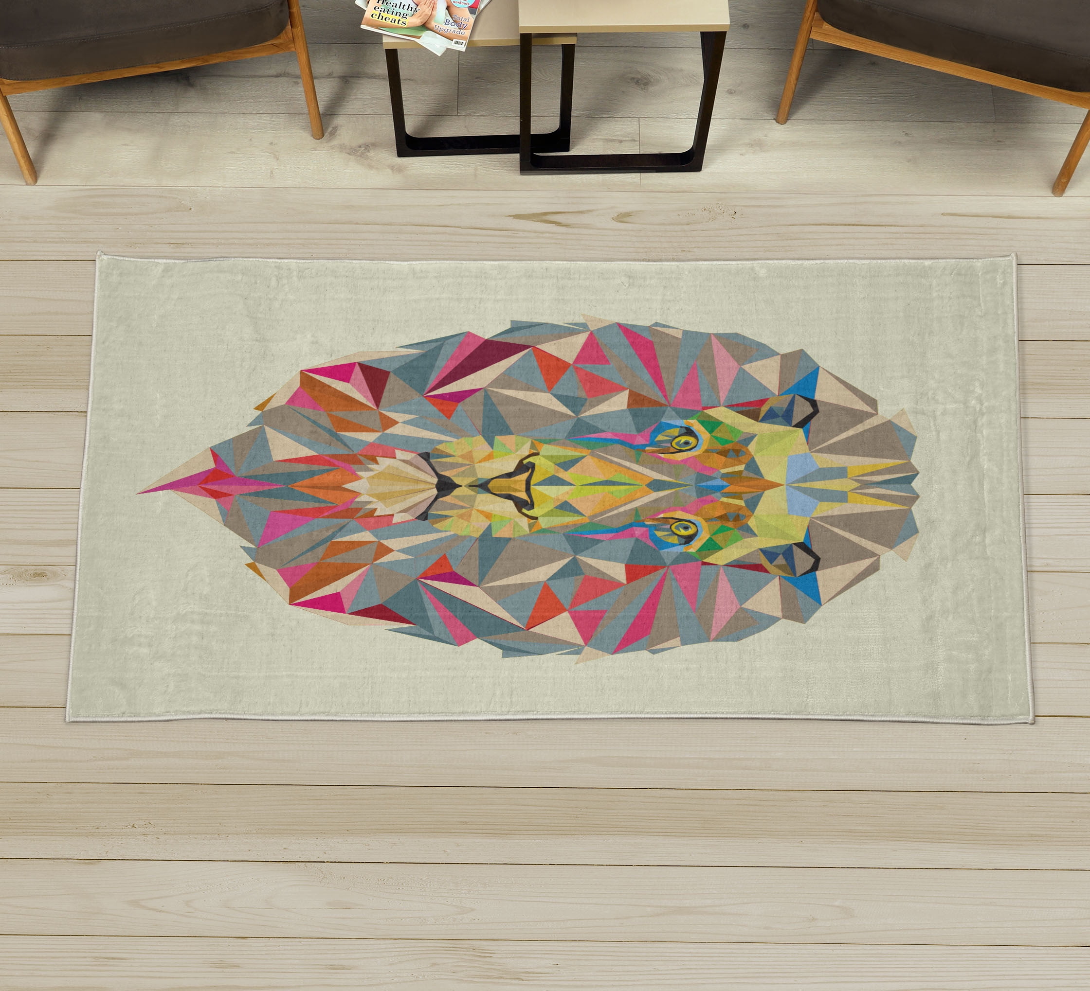 Zoo Decorative Rug, Colorful Animals Geometric Diamond Face Lions Mane ...
