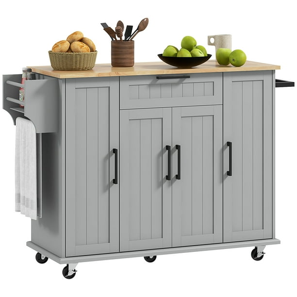 HOMCOM Kitchen Island on Wheels, Kitchen Cart with Solid Wood Top, Grey ...