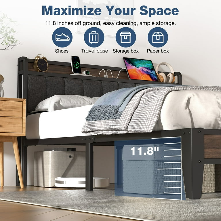 Lusimo Bed Frame Queen Metal Platform Bed with Fabric Upholstered Headboard and Charging Station No Box Spring Needed Gray